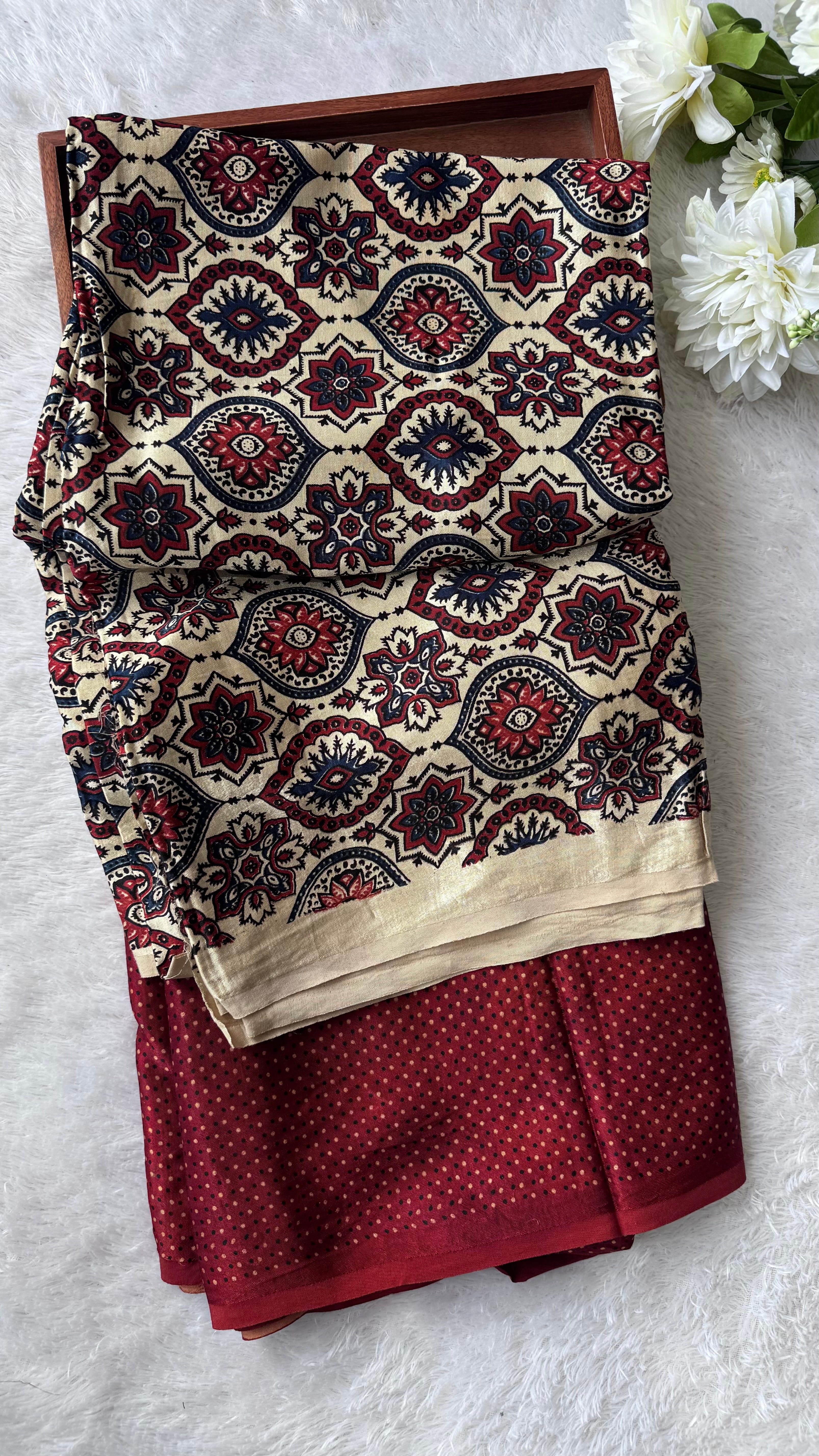 Maroon and Ivory Badaam Motif and Asopallav Ajrakh Mashru Silk Kurta P ...